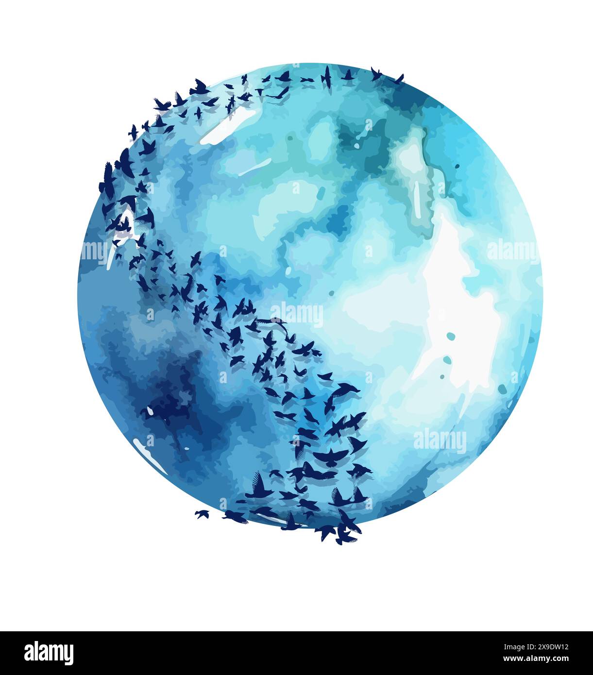 Blue planet with flying pigeons. Flock of flying birds. hand drawing ...