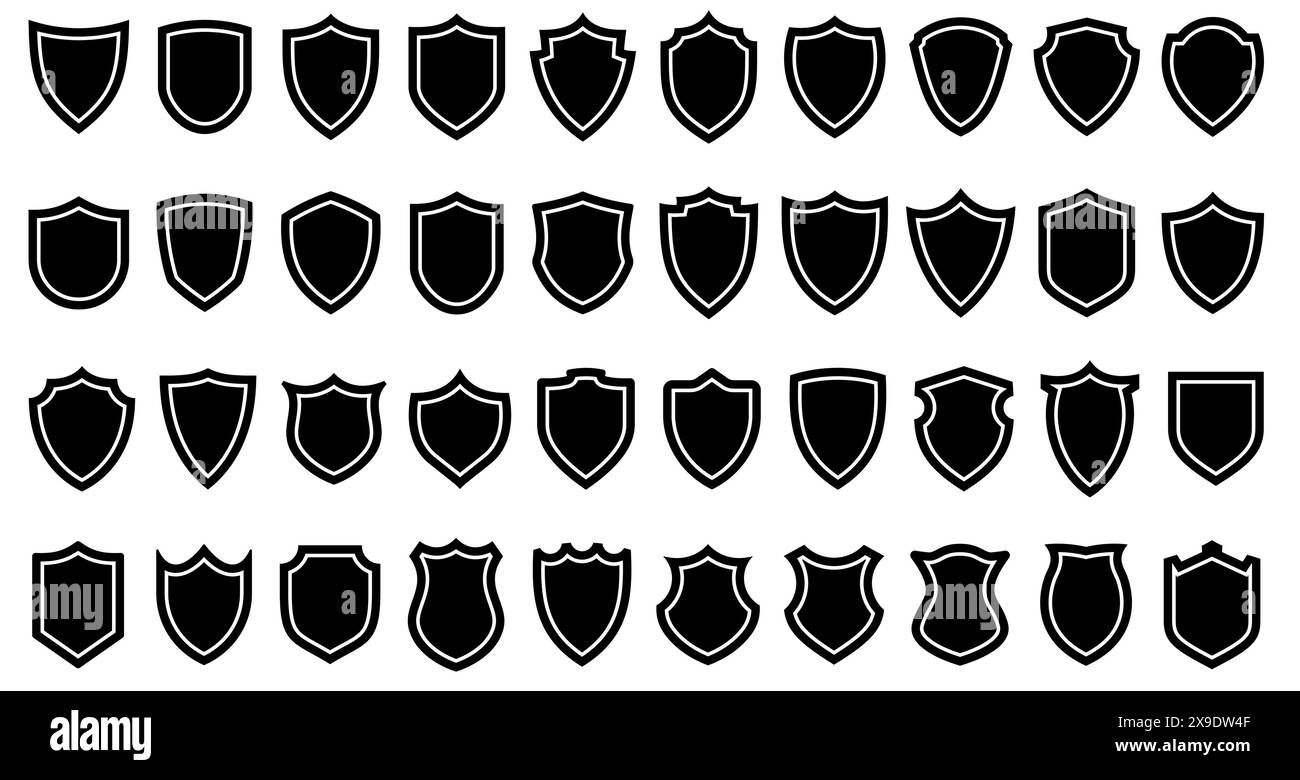 Shield icons set. Black shields of different shapes in flat graphic ...