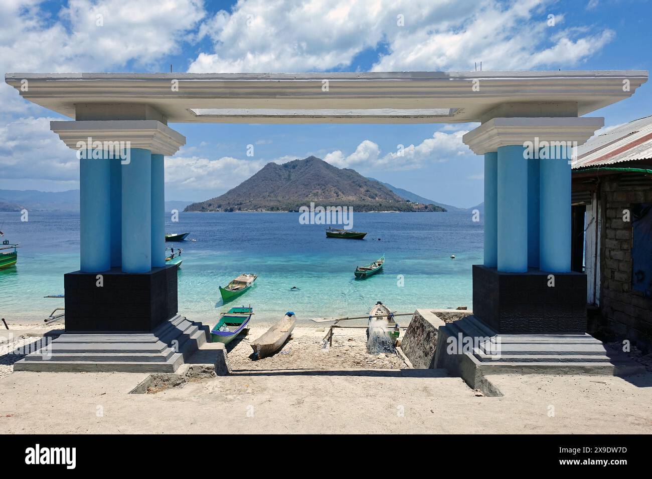 Indonesia Alor - gate on Buaya Island view to Ternate Island Stock ...