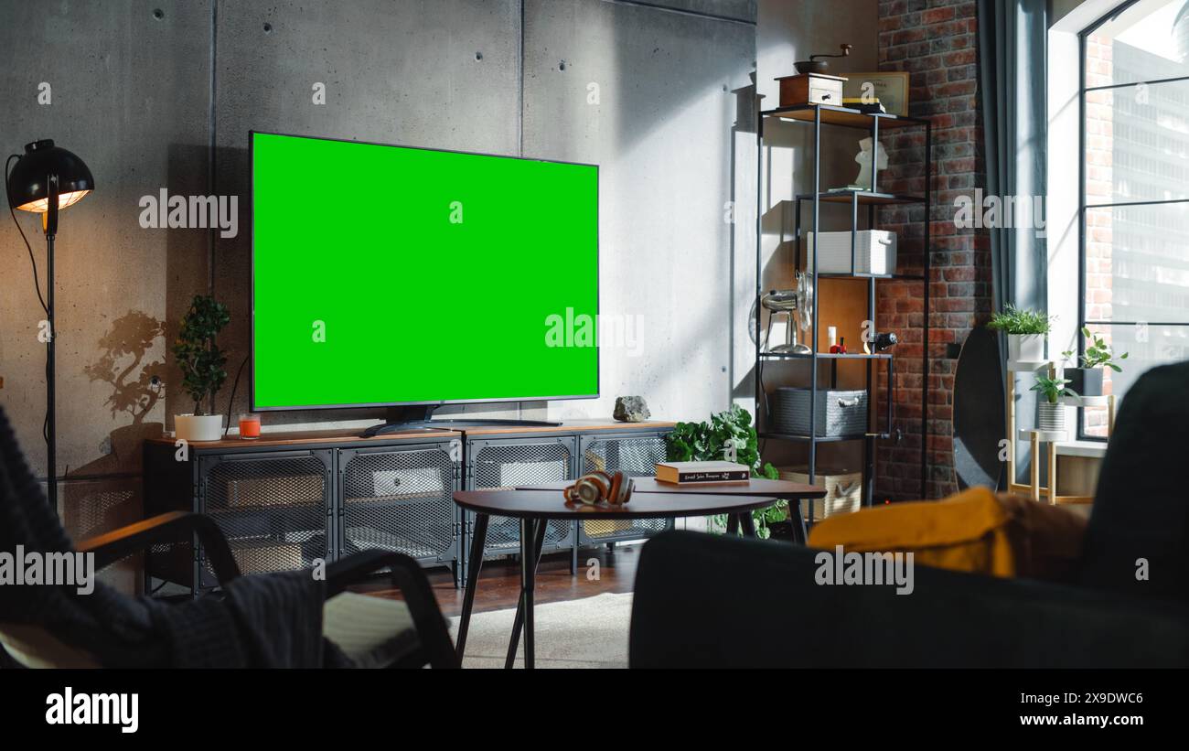 Chroma Key Green Screen Display on TV Set in Modern Living Room. Modern ...
