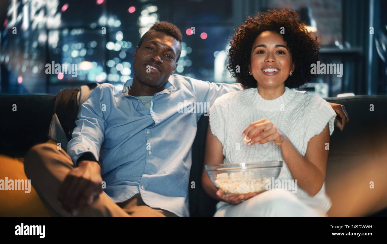 Family Home Movie Theatre. Black Loving Couple Enjoy Watching Comedy ...