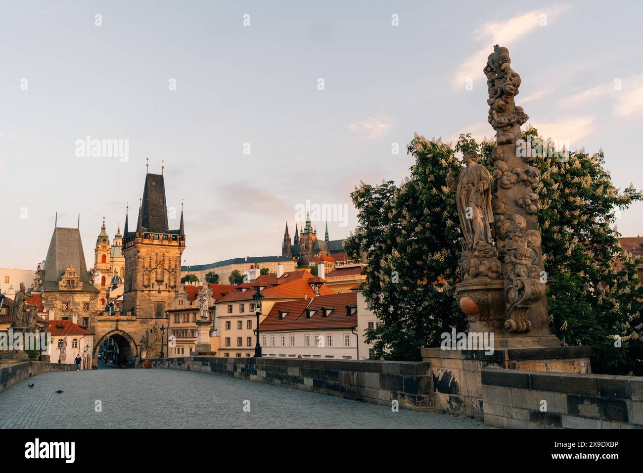 Dawn in spring on the Charles Bridge in Prague, towers, castles Stock ...