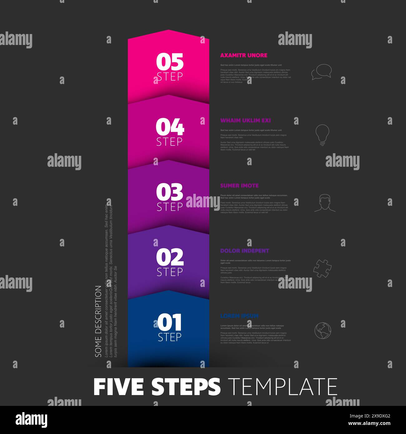 Five yellow red blue steps progress procedure infochart template with descriptions icons titles ...