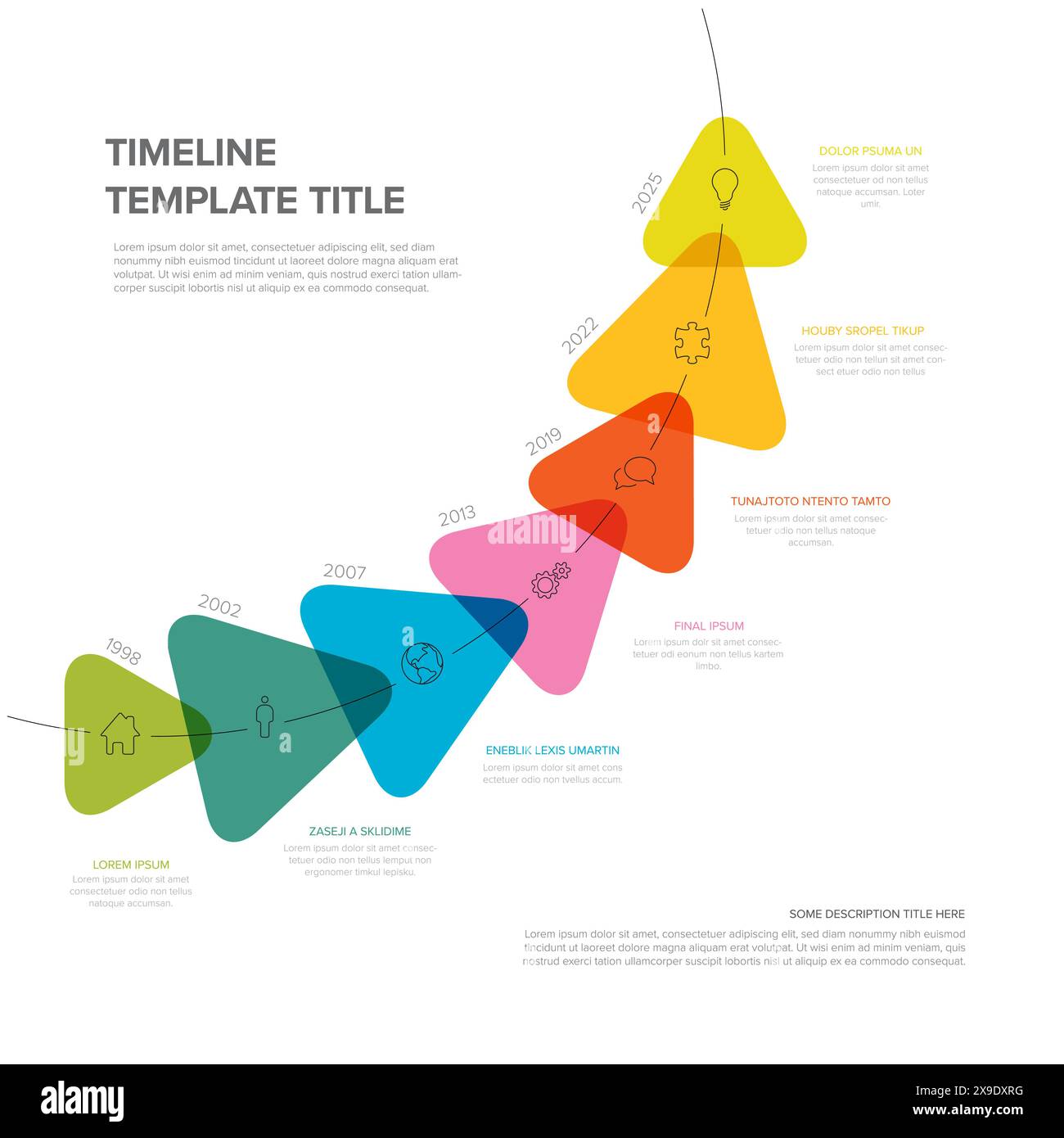 Timeline made from seven rainbow color transparent triangles with years ...