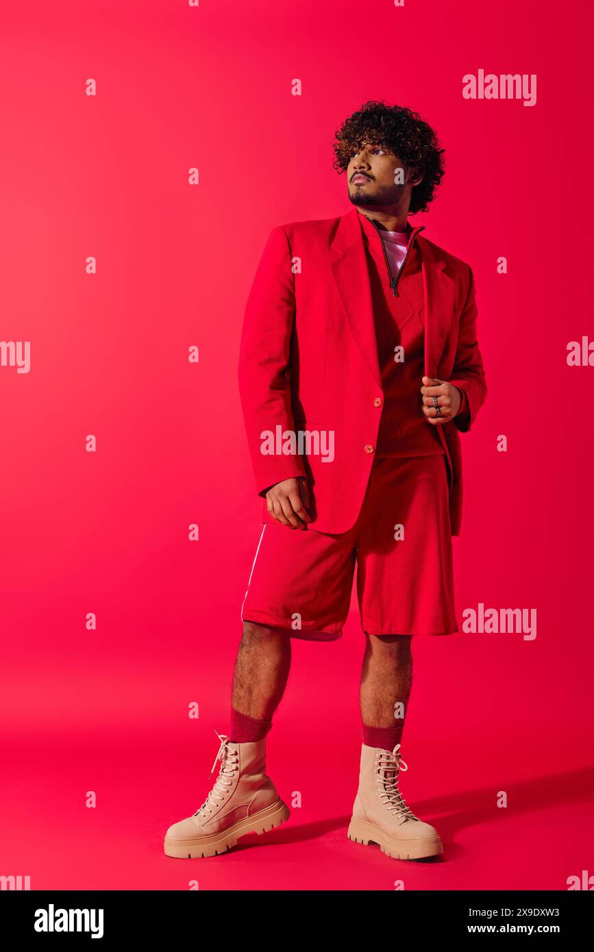 A dapper young Indian man in a striking red suit and tie striking a ...