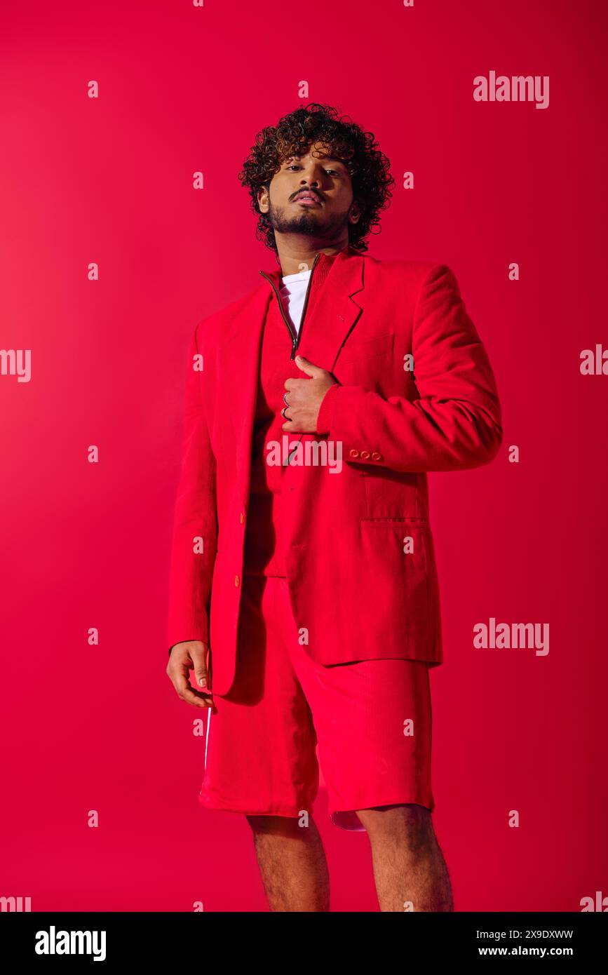 Stylish young Indian man in red suit strikes a pose against a vibrant ...