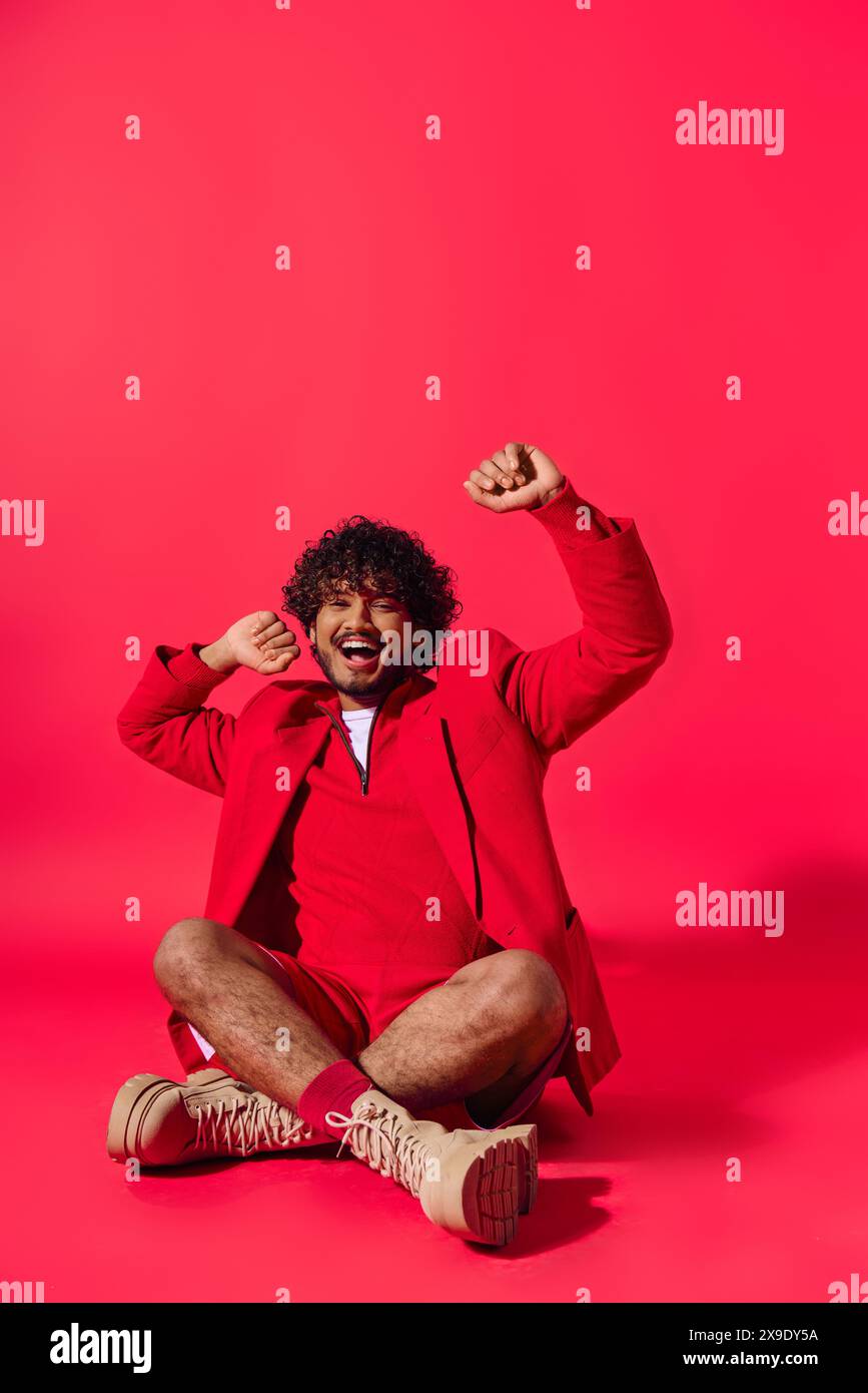 Young Indian man sitting on ground, raising fist in strong gesture ...