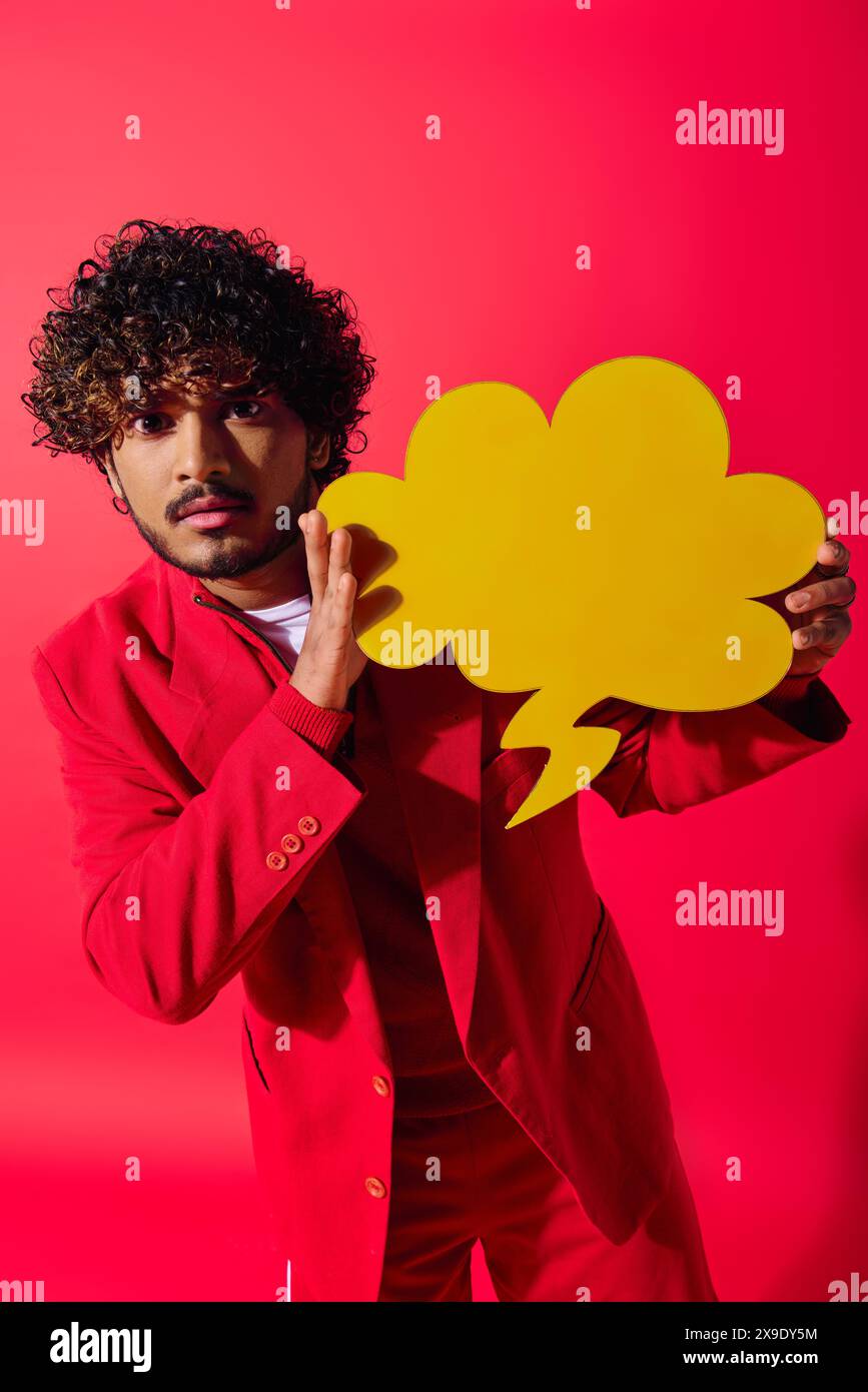 Handsome young Indian man in red suit holding a yellow speech bubble ...