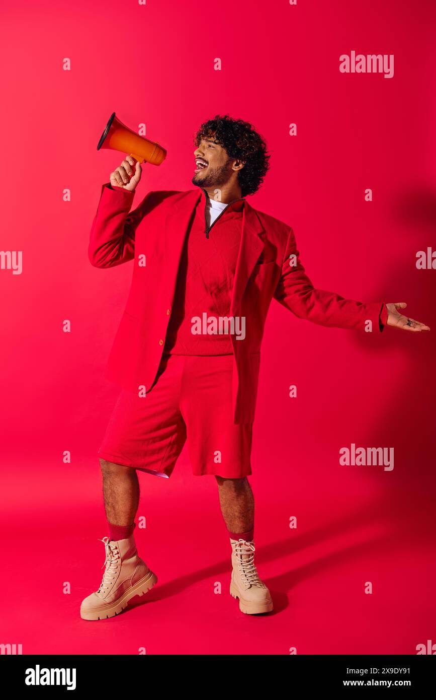 Handsome Indian man in vibrant red suit poses confidently with a ...