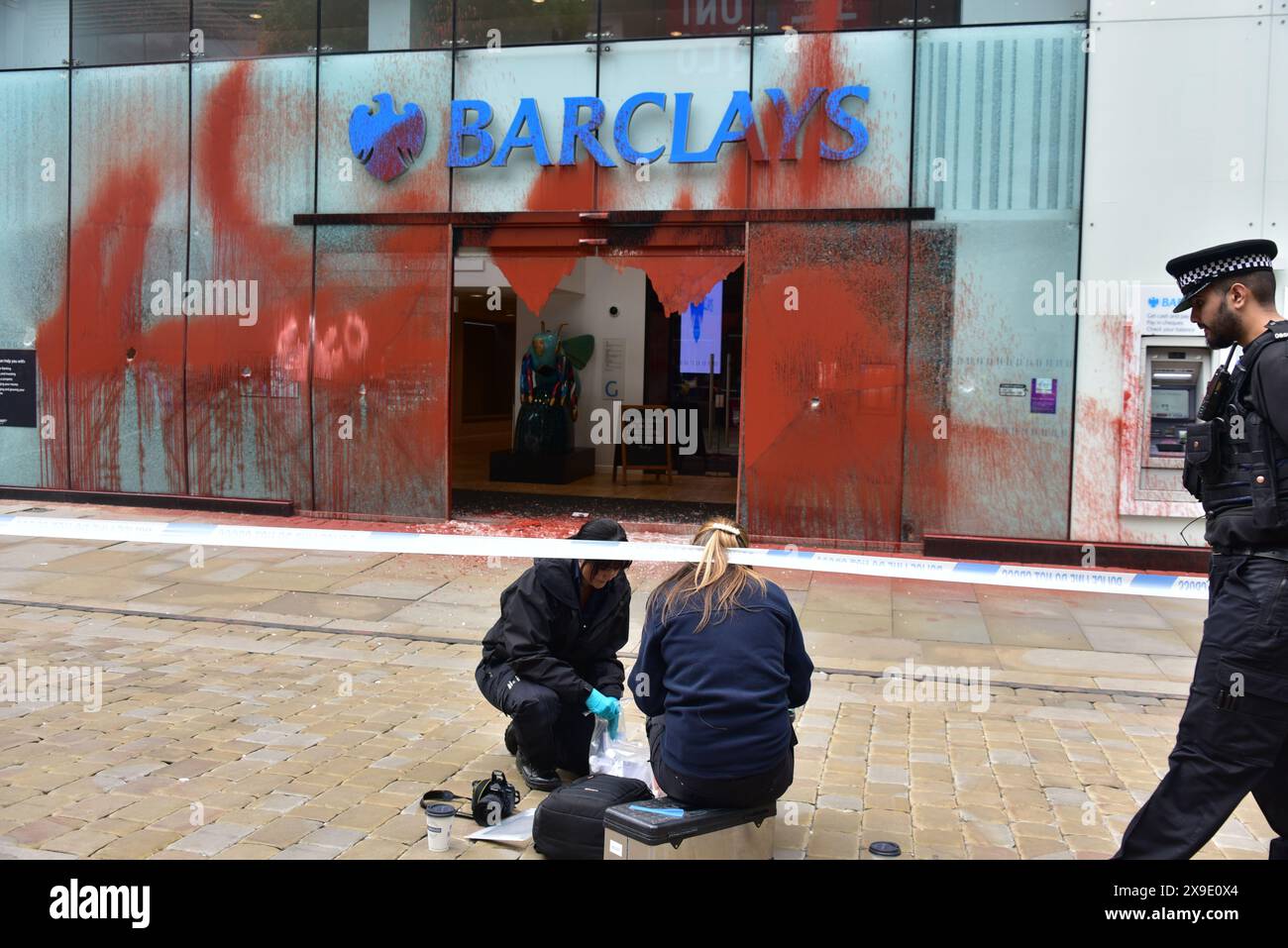 Barclays Bank, Market Street, central Manchester, UK, glass frontage ...