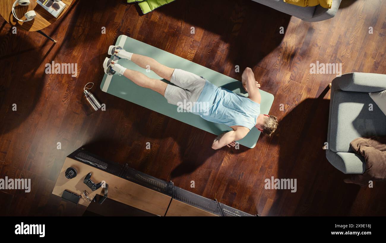 Top View Sport Concept: Attractive Guy Doing Push-ups Exercise on a Mat ...