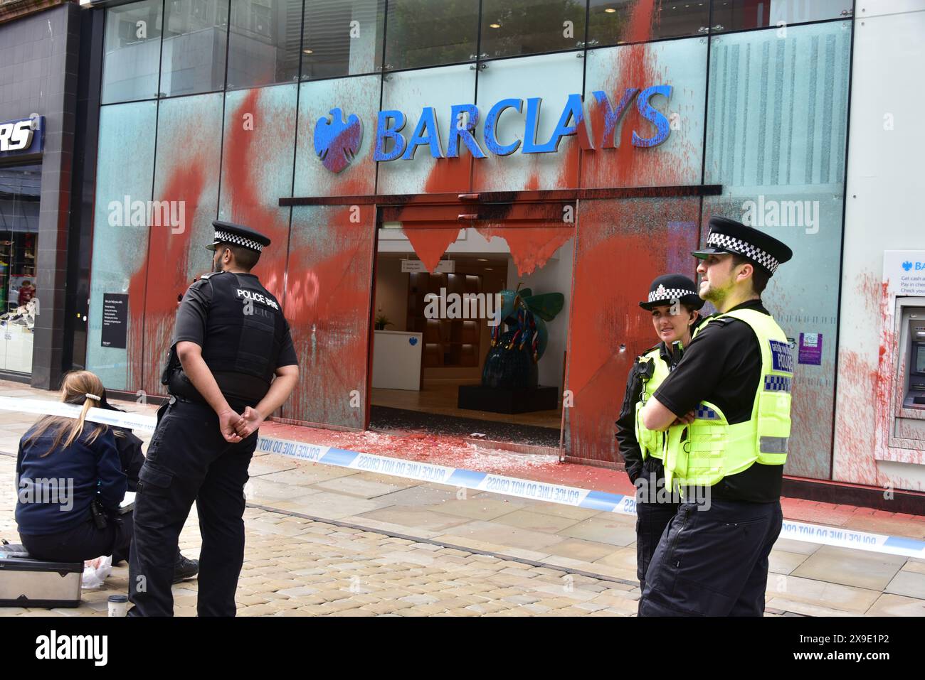 Barclays Bank, Market Street, central Manchester, UK, glass frontage ...