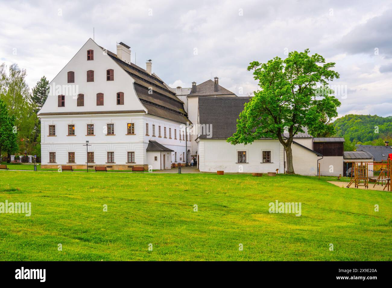 A view of the historic paper mill building in Velke Losiny, Czechia ...