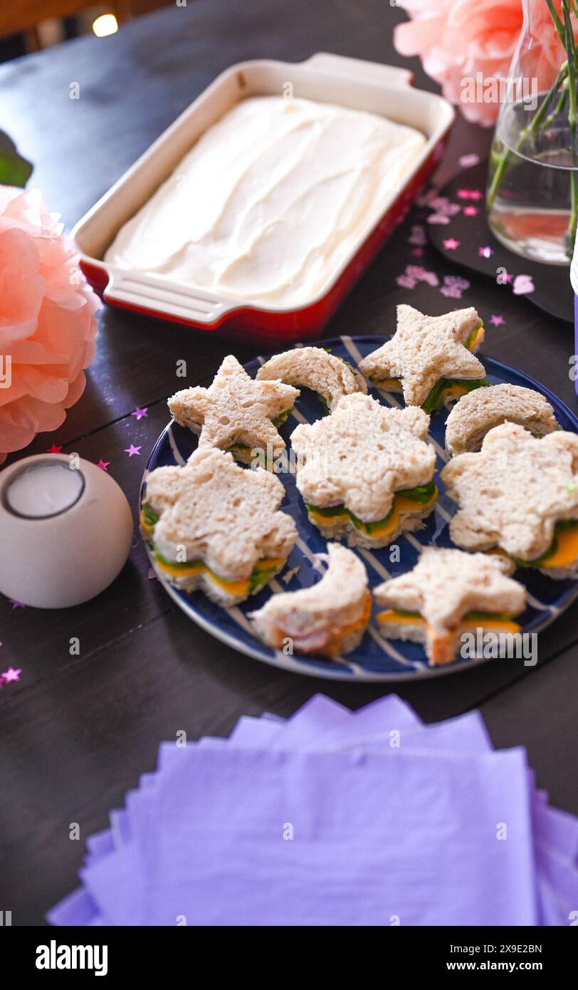 Flower, starts and moon shaped mini sandwiches at the party Stock Photo ...