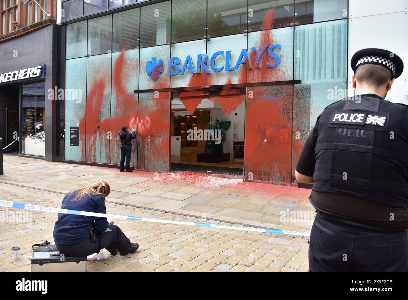 Barclays Bank, Market Street, central Manchester, UK, glass frontage ...