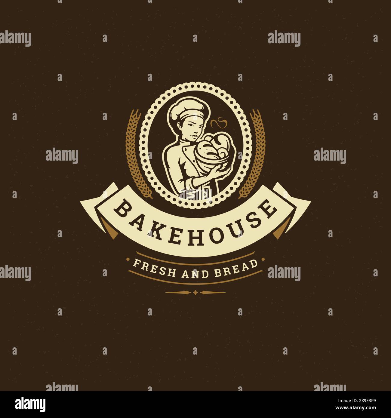 Bakery badge or label retro vector illustration. Baker woman holding ...