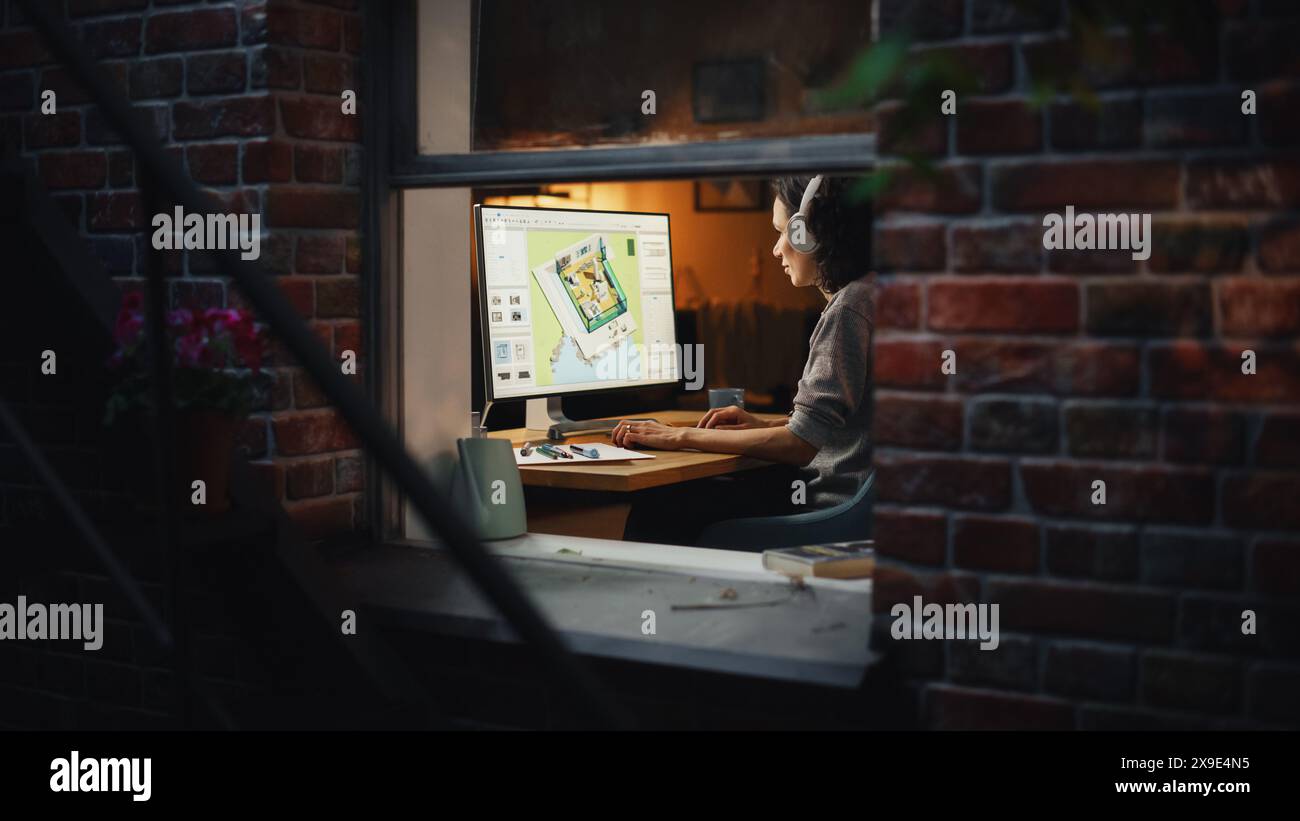 Creative Female 3D Architect Artist Using Desktop Computer with Screen ...