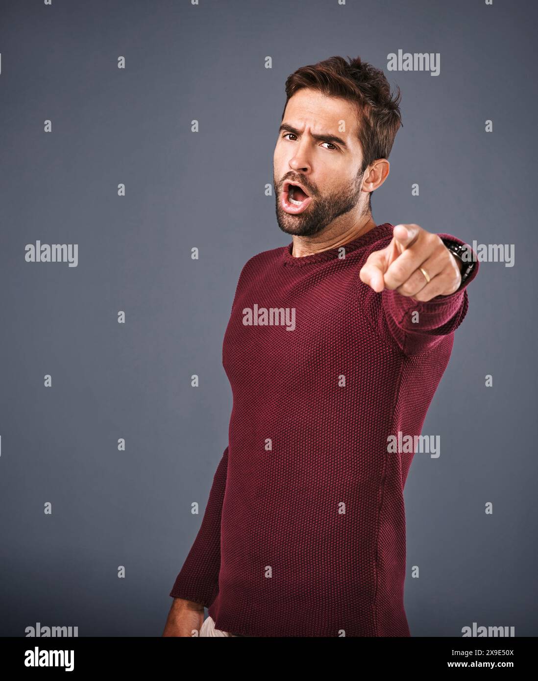 Scolding, mad and portrait of man, pointing and upset with you, choice ...