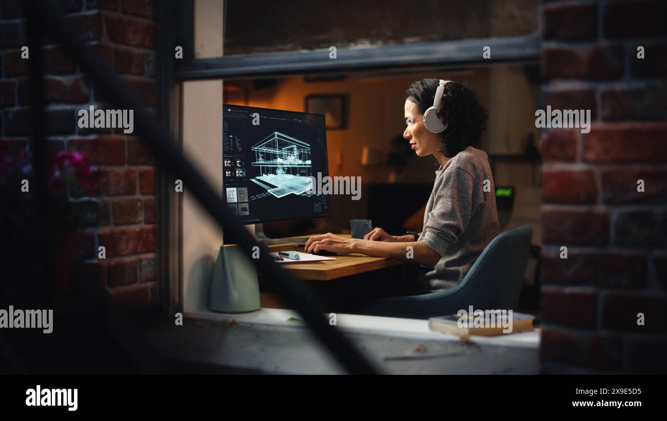 Creative Female 3D Architect Artist Using Desktop Computer with Screen ...