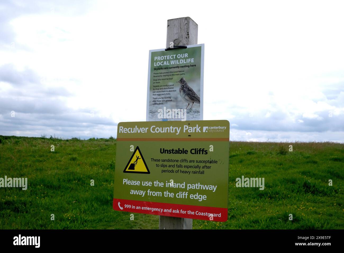 reculver country park,unstable cliffs warning public notice, north ...