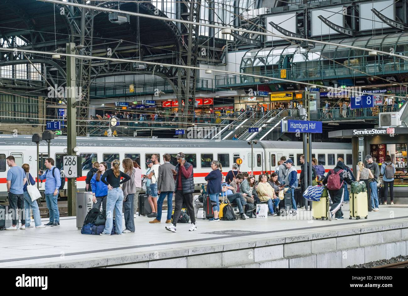 Zug, IC, Passagiere, Bahnsteig, Bahnhofshalle, Hauptbahnhof, Hamburg ...