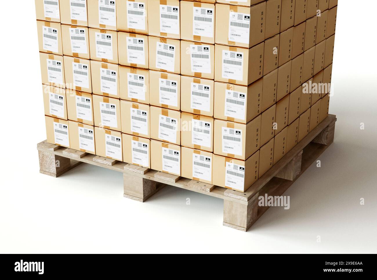 A perfect pile of small cardboard boxes with generic labels stacked on ...