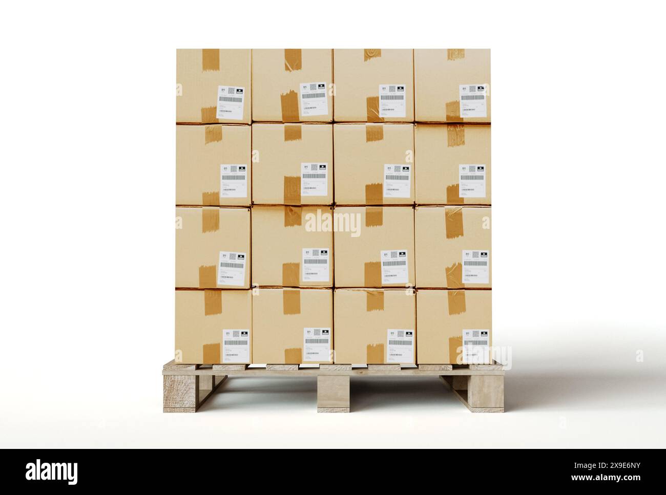 A perfect pile of medium cardboard boxes with generic labels stacked on ...