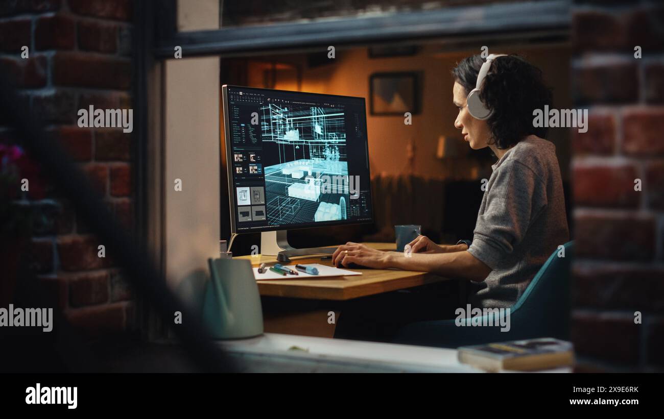 Creative Female 3D Architect Artist Using Desktop Computer with Display ...