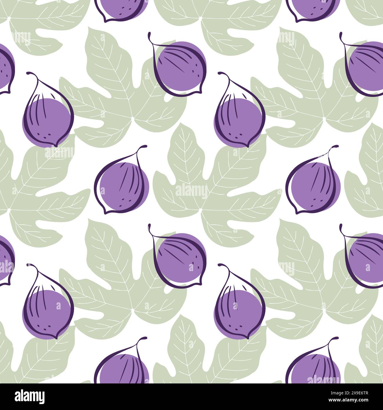 Figs seamless pattern with fruits and leaves, pastel colors. White background. Vector ...
