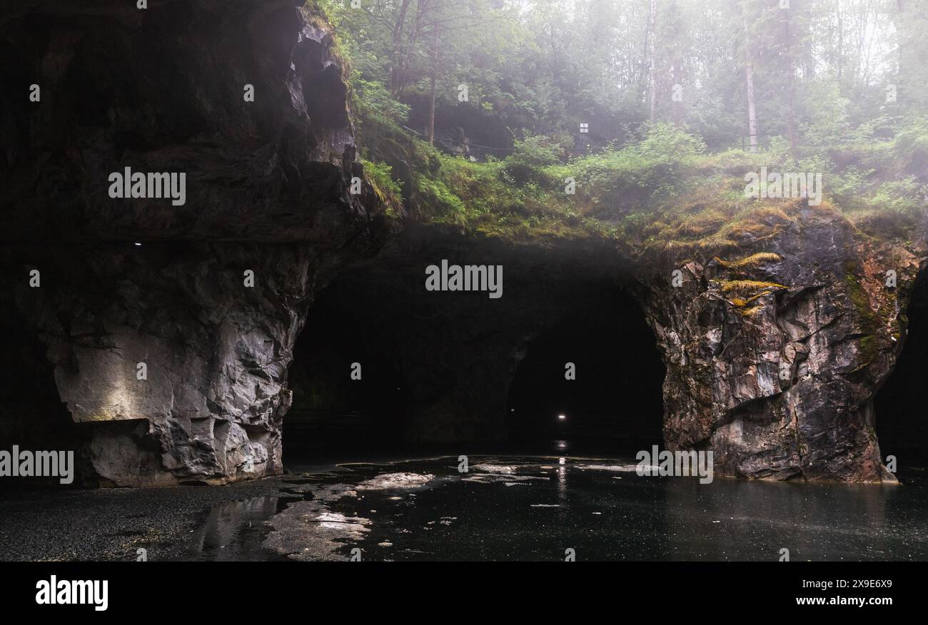Abandoned empty marble quarry on a rainy summer day. Ruskeala, Republic ...