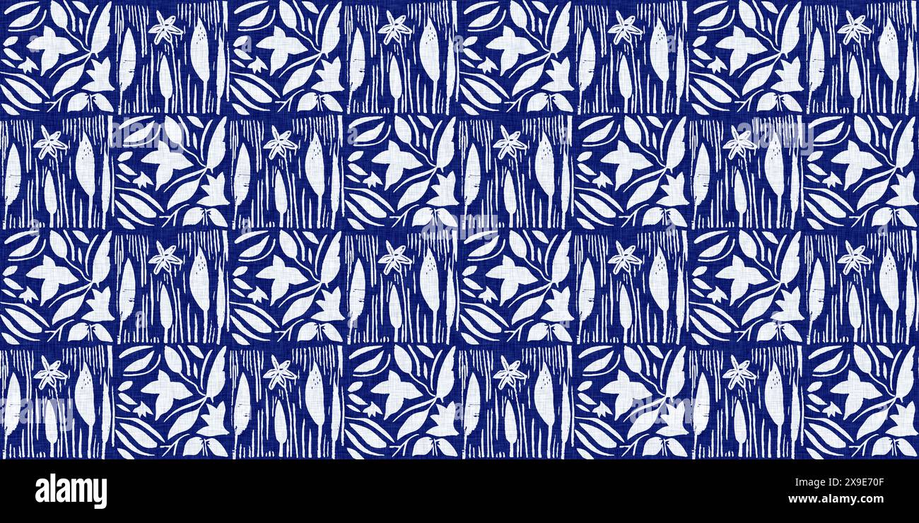 Indigo denim blue leaf motif seamless border. Japanese dye batik fabric ...