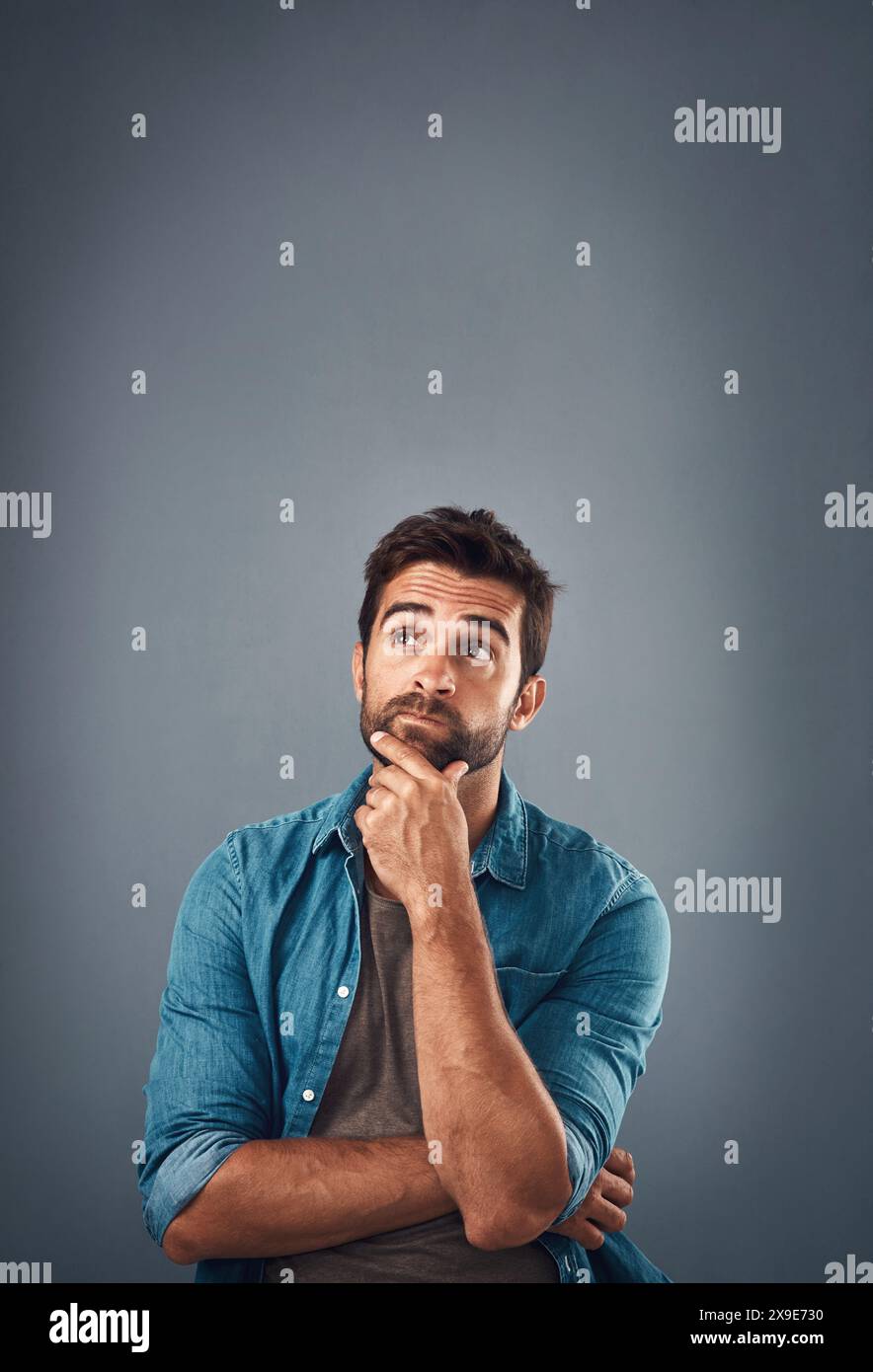 Portrait, thinking and man with ideas, solution and problem solving on ...
