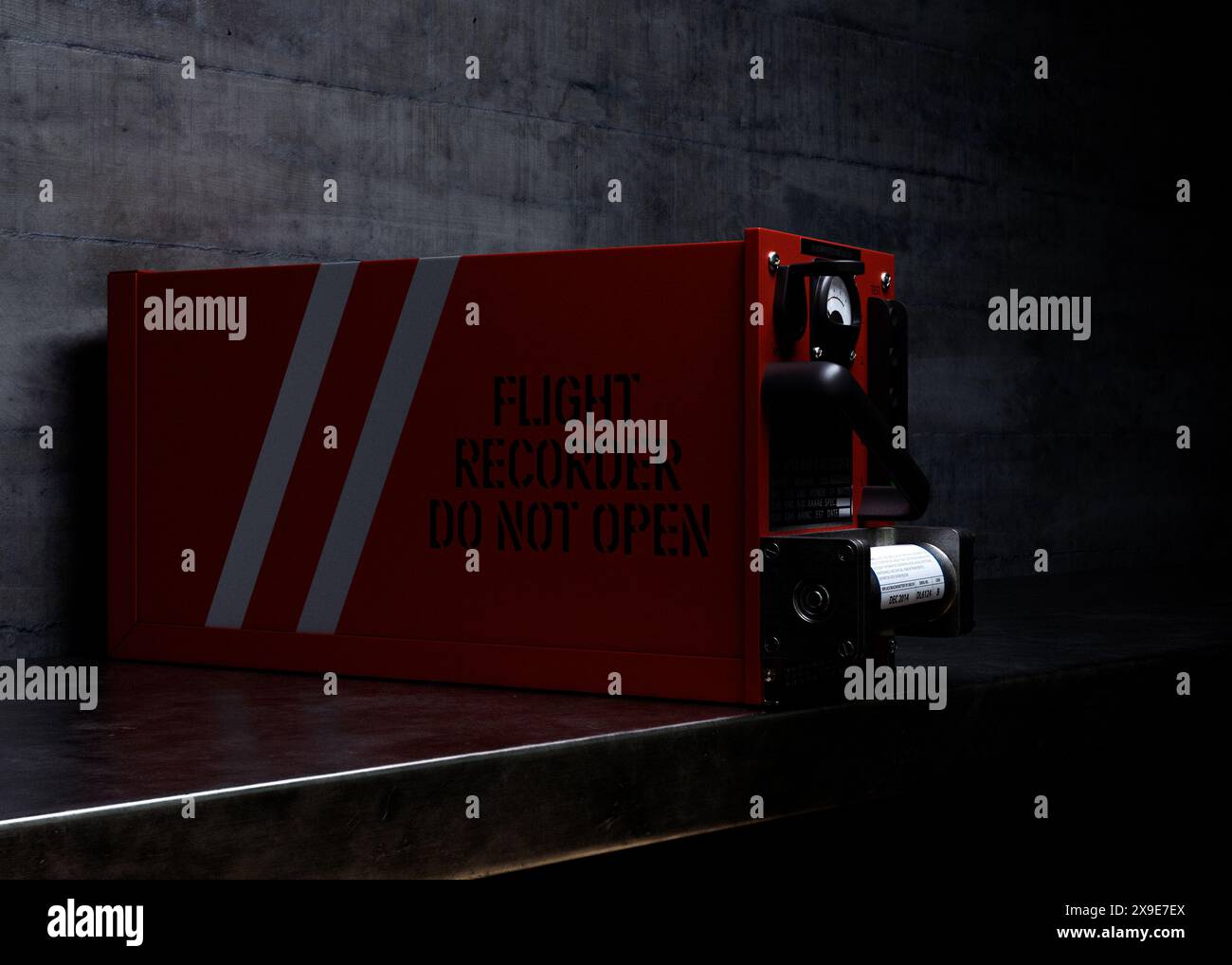 A regular aviation flight recorder black box painted in orange on metal ...