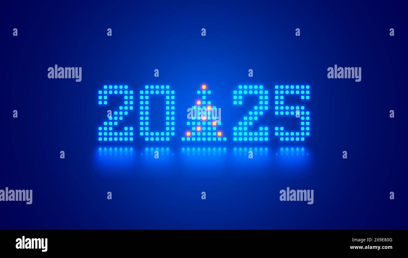 2025 digits, Christmas tree consist glowing pixels in technology style ...