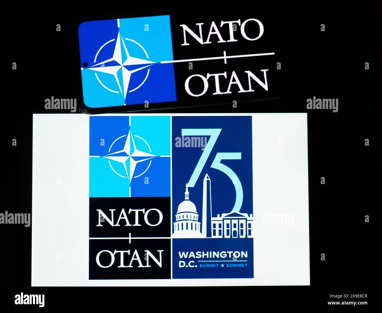 Ukraine - May 31. 2024: In this photo illustration, a NATO 75th ...