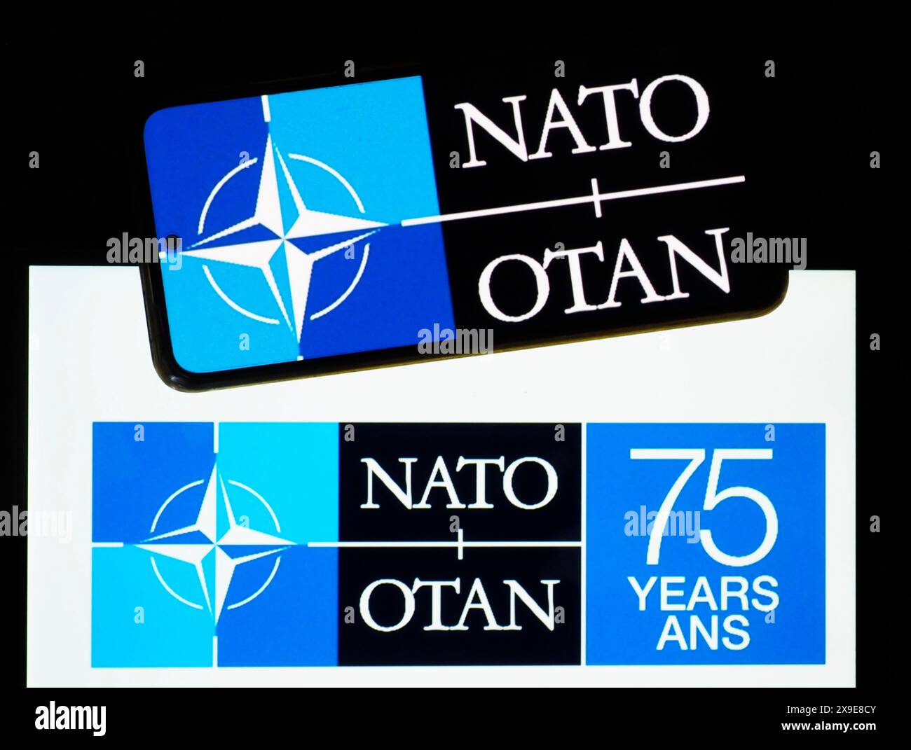 Ukraine - May 31. 2024: In this photo illustration, a NATO 75th ...