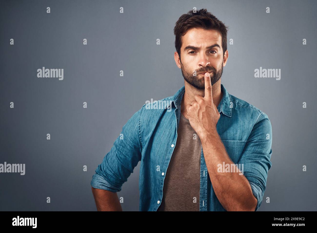 Portrait, thinking and man with doubt, decision and problem solving on ...