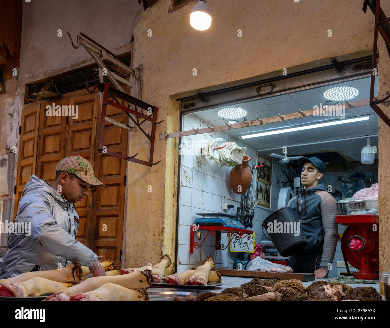 Fez, Morocco - 4 March, 2024: young butcher's apprentices preparing ...