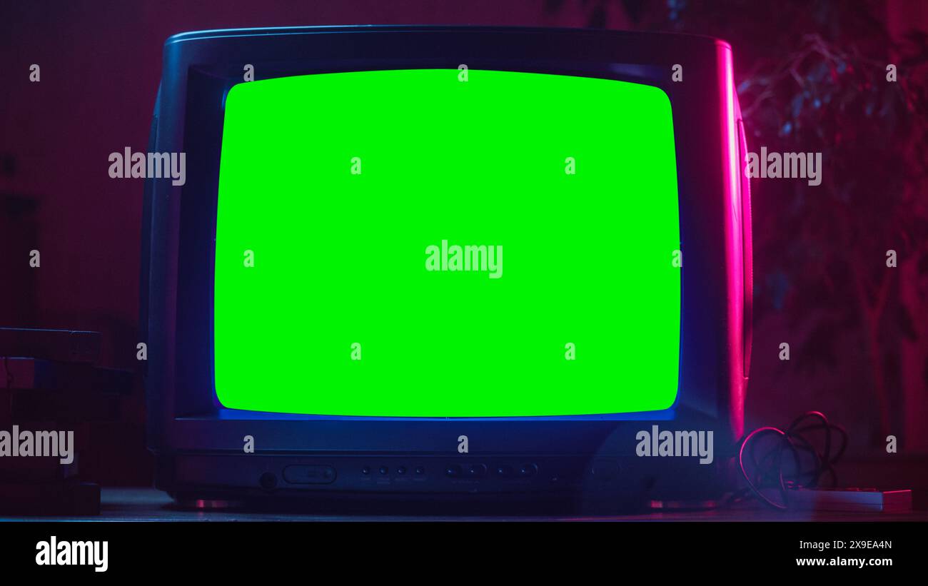 Close Up Footage of a Dated TV Set with Green Screen Mock Up Chroma Key ...