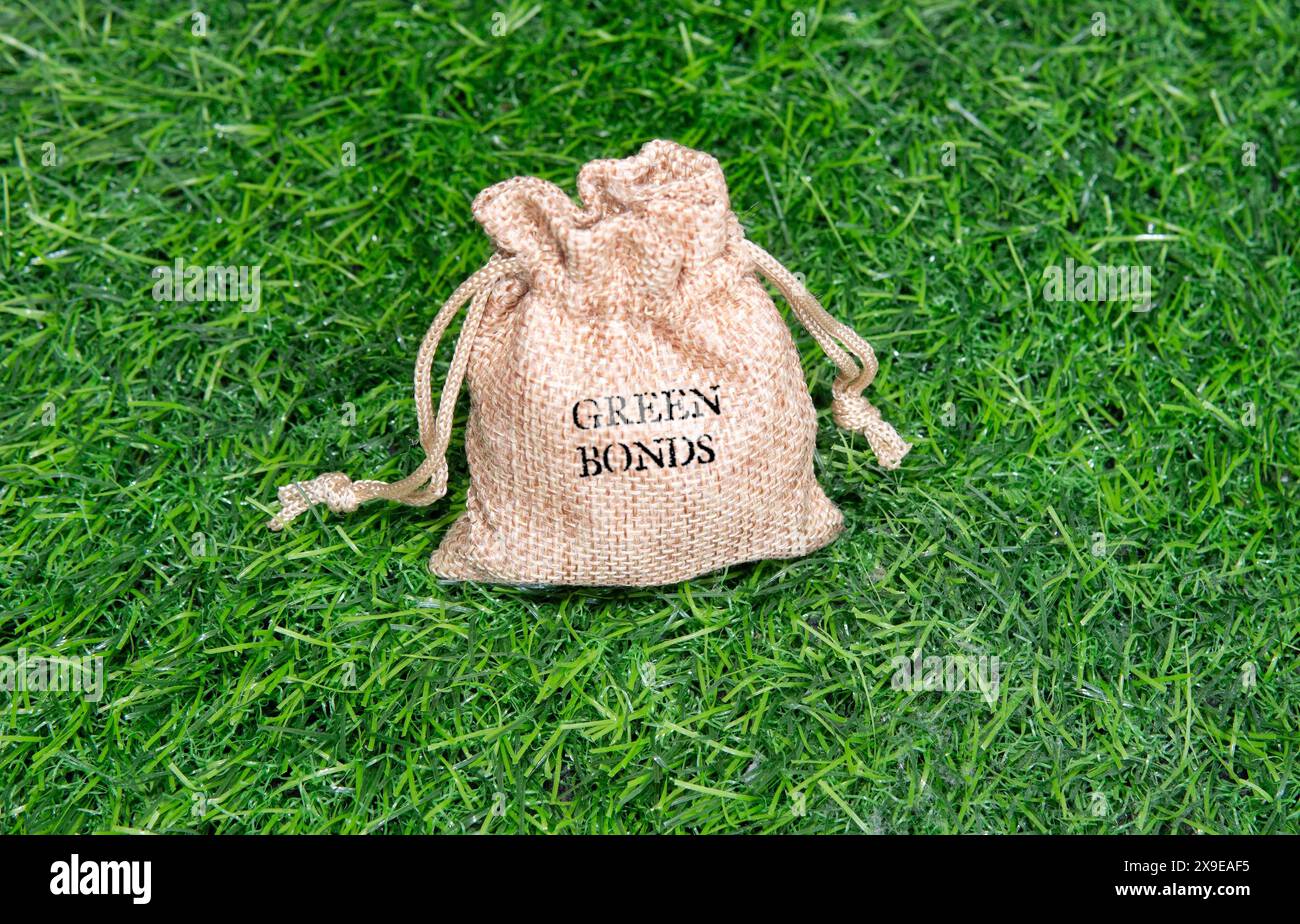 Closeup image of jute bag with the words "green bonds" on top of a ...