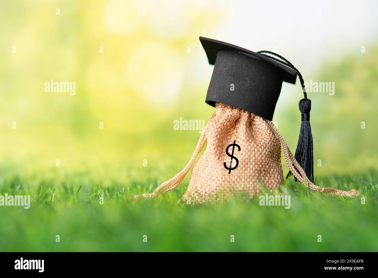 Graduation cap and money bag with copy space. Education fund concept ...