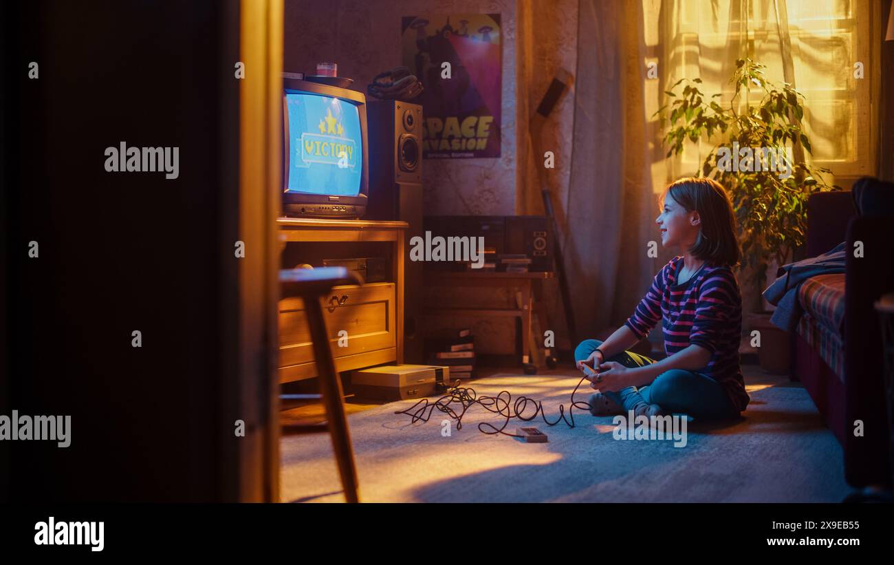 Nostalgic Retro Concept: Young Girl Playing Old-School Eighties Arcade ...