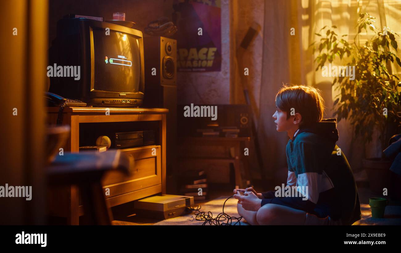 Nostalgic Childhood Concept: Young Boy Playing an Old-School Arcade ...