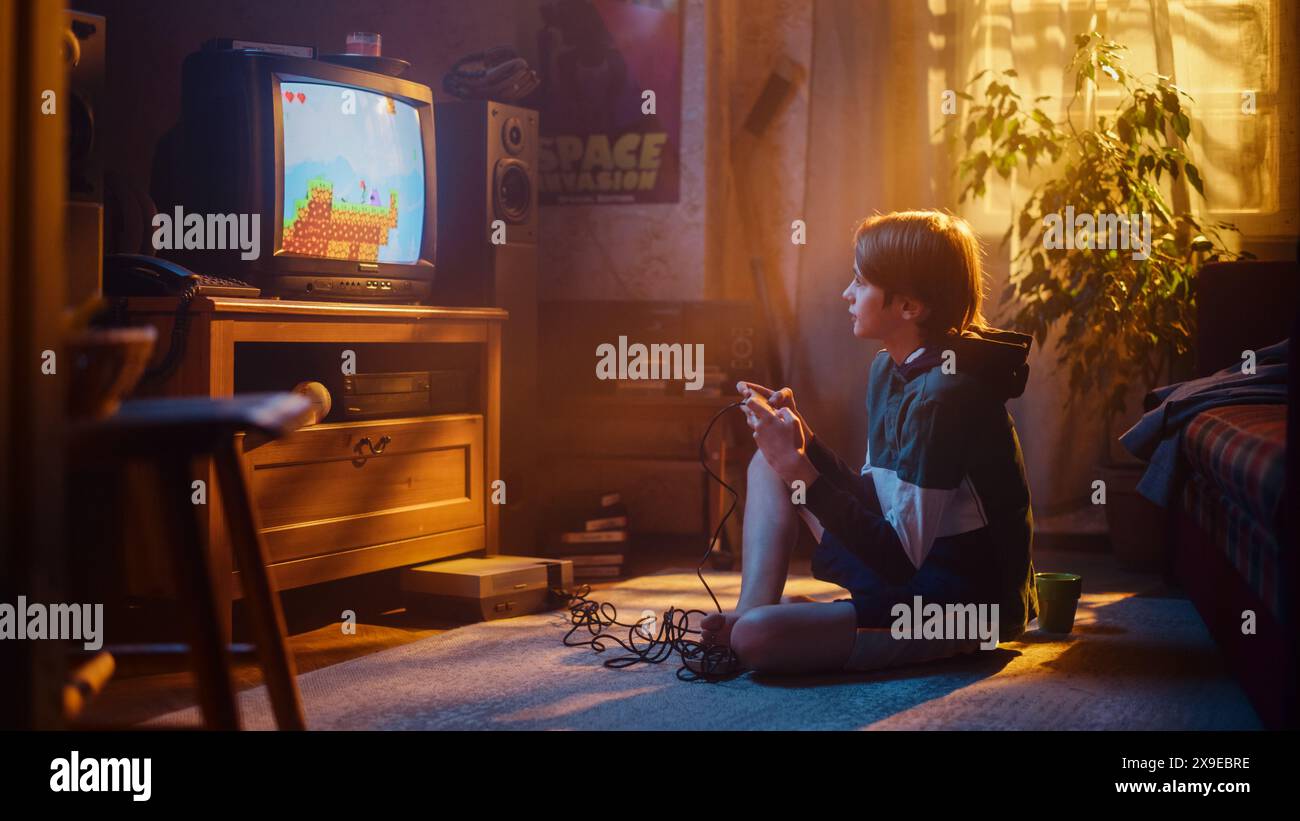 Nostalgic Retro Concept: Young Boy Playing Old-School Eighties Arcade ...