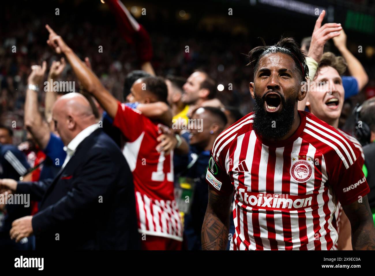 Athens, Greece. 29 May 2024. Rodinei of Olympiacos FC celebrates at the ...