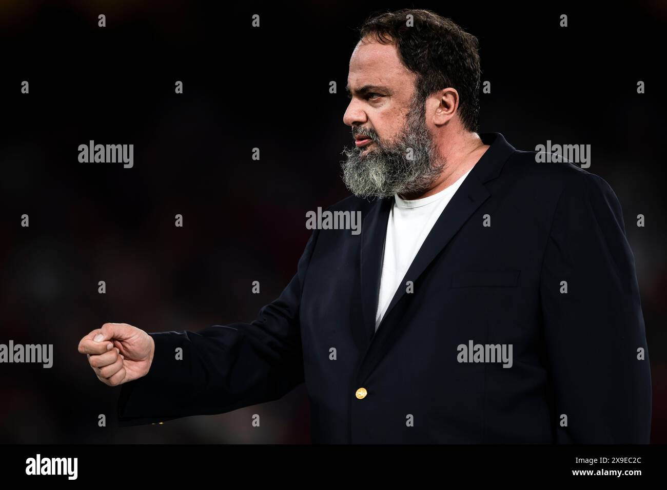 Athens, Greece. 29 May 2024. Evangelos Marinakis gesutres during the ...