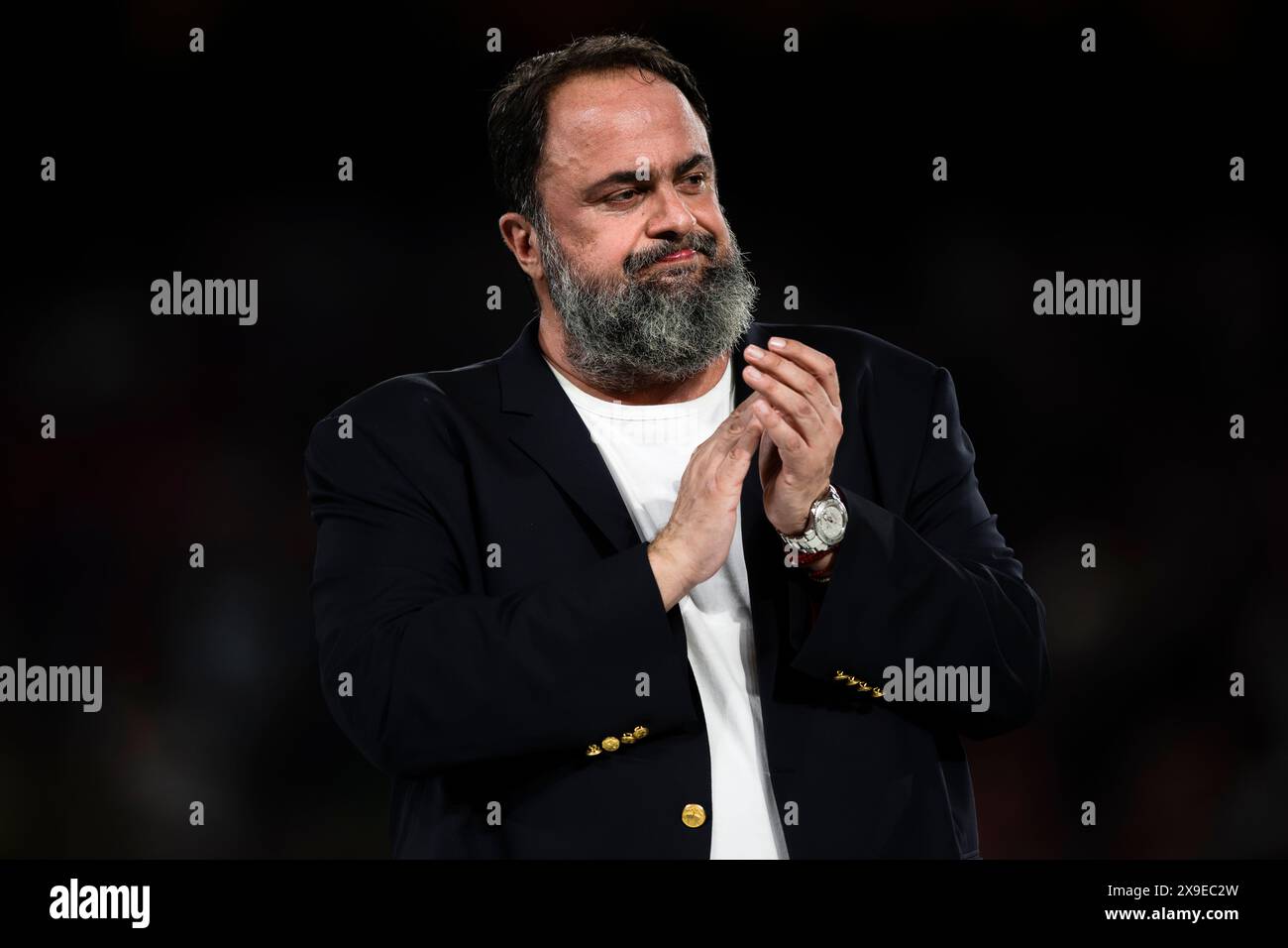 Athens, Greece. 29 May 2024. Evangelos Marinakis gesutres during the ...