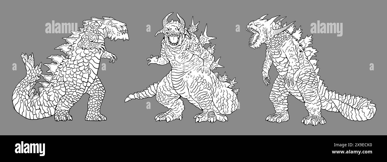 Gigantic dinosaur-like monster to color in. Kaiju contour drawing Stock ...