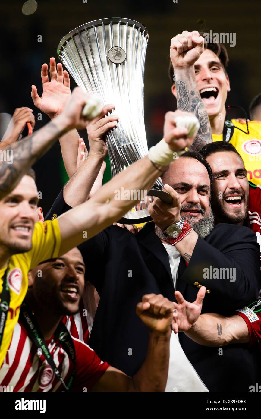 Athens, Greece. 29 May 2024. Evangelos Marinakis lifts the trophy during the award ceremony ...