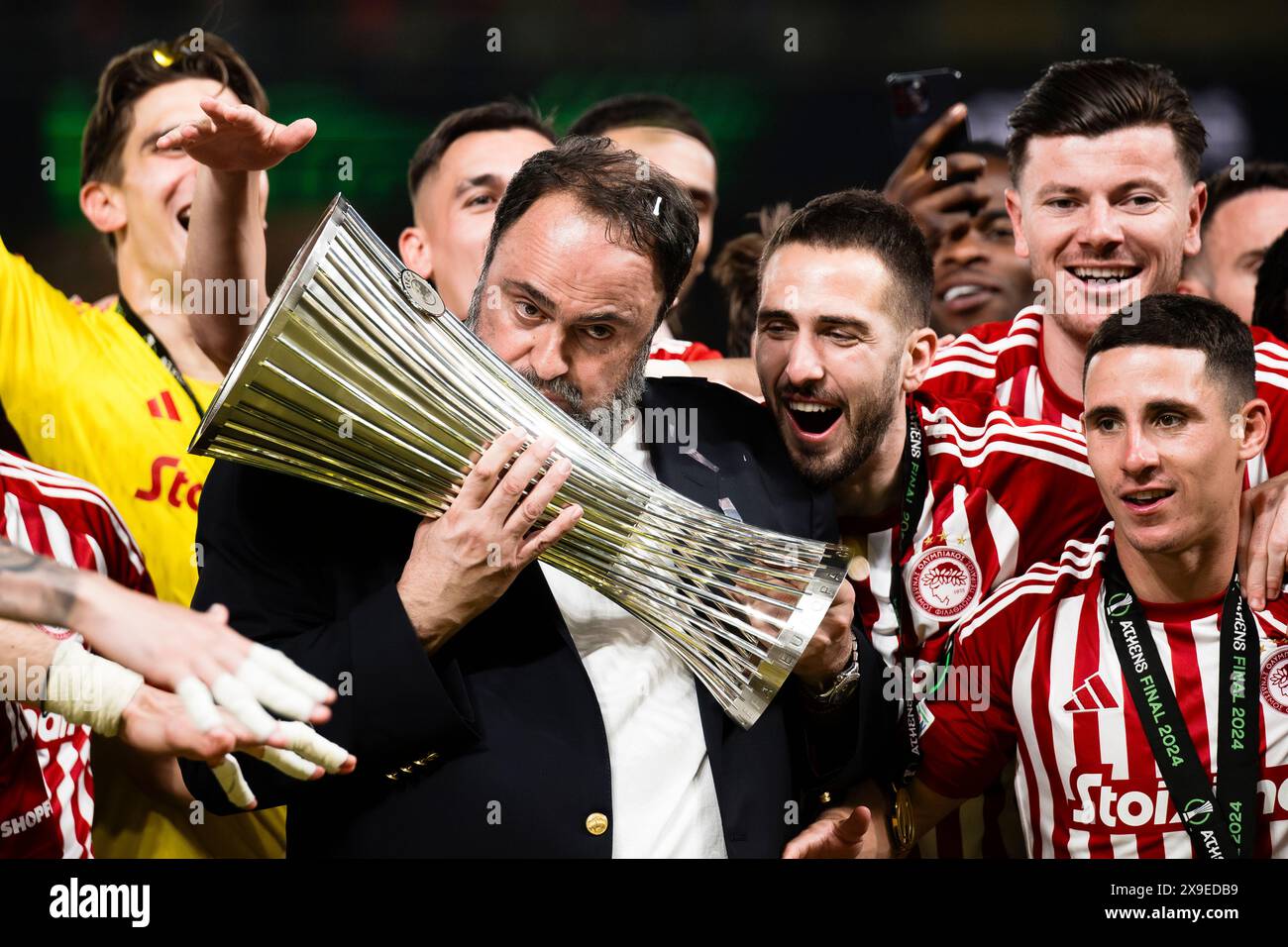 Athens, Greece. 29 May 2024. Evangelos Marinakis kisses the trophy ...